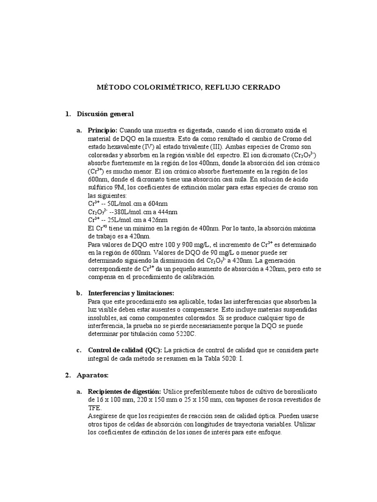 Método Colorimétrico, Reflujo Cerrado DQO | PDF | Cromo | Ácido sulfúrico