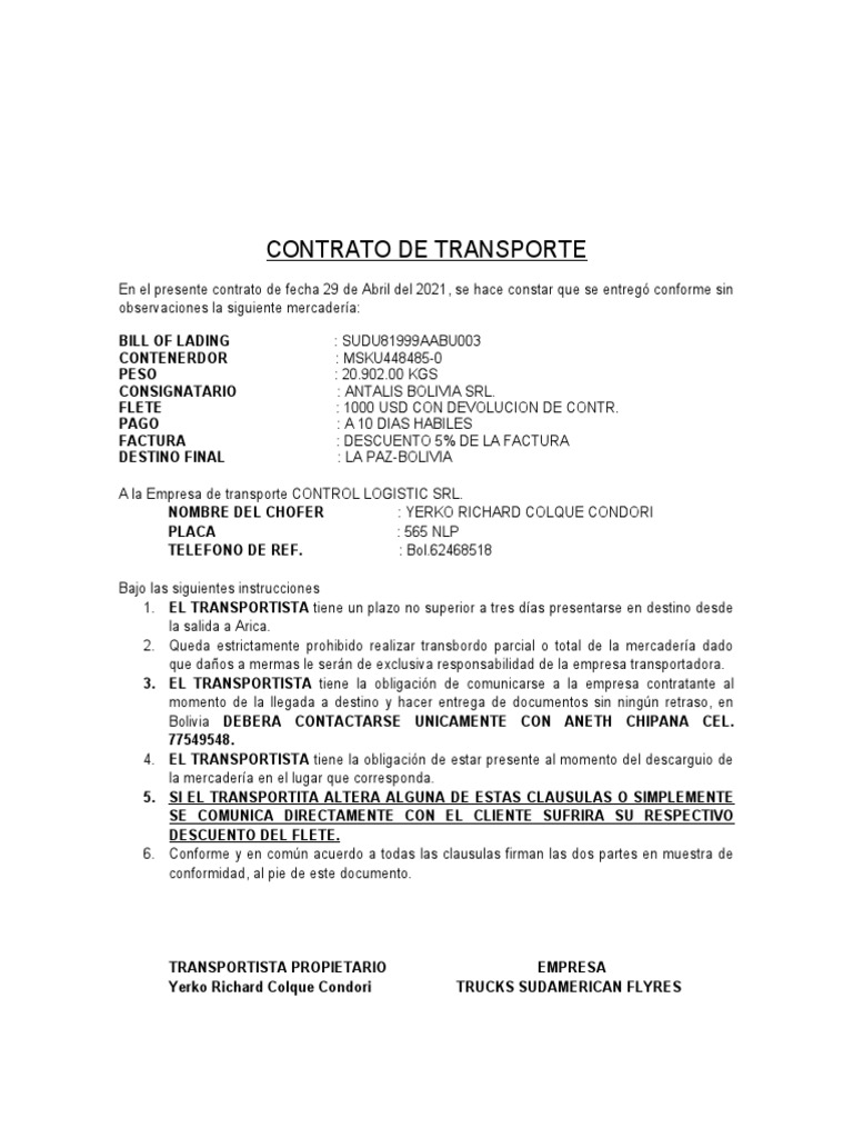 Contrato de Transporte | PDF