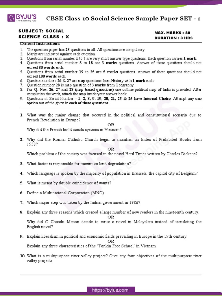 CBSE Class 10 Social Science Sample Paper SET 1 2 | PDF | British Raj ...