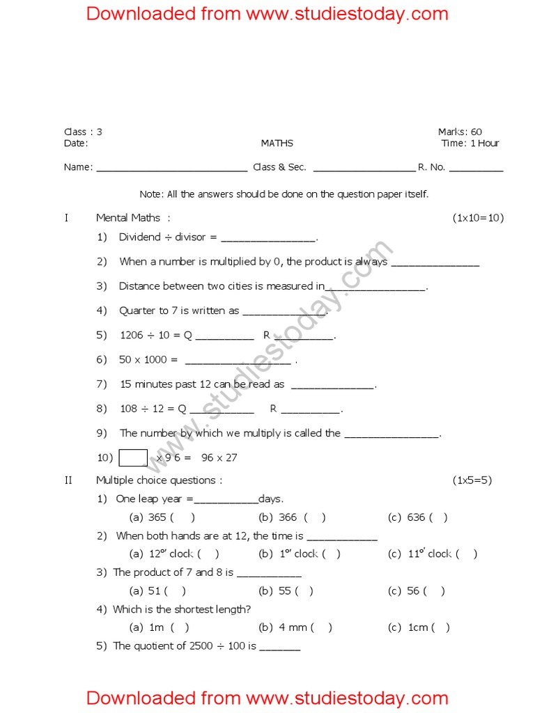 Class 3 Maths Question Paper PDF | PDF | Division (Mathematics ...