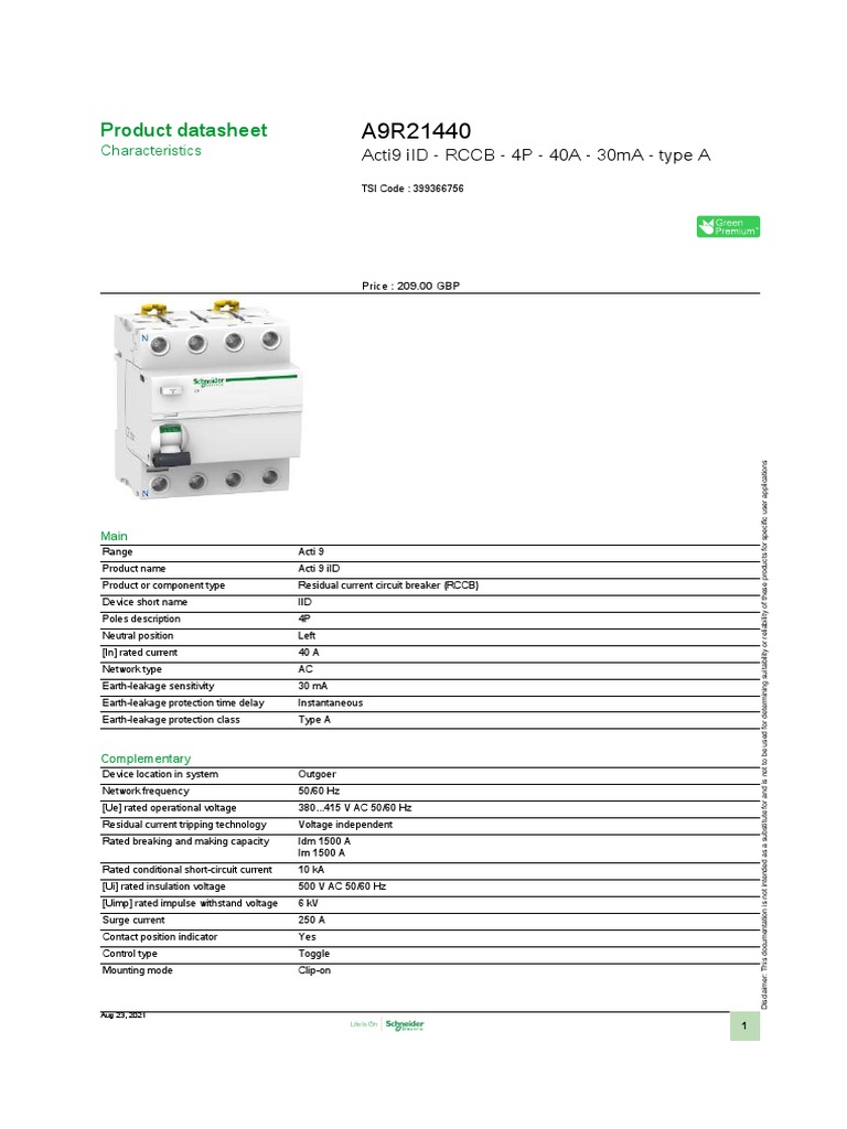 Product Datasheet: Acti9 iID - RCCB - 4P - 40A - 30ma - Type A | Download Free PDF | Alternating ...