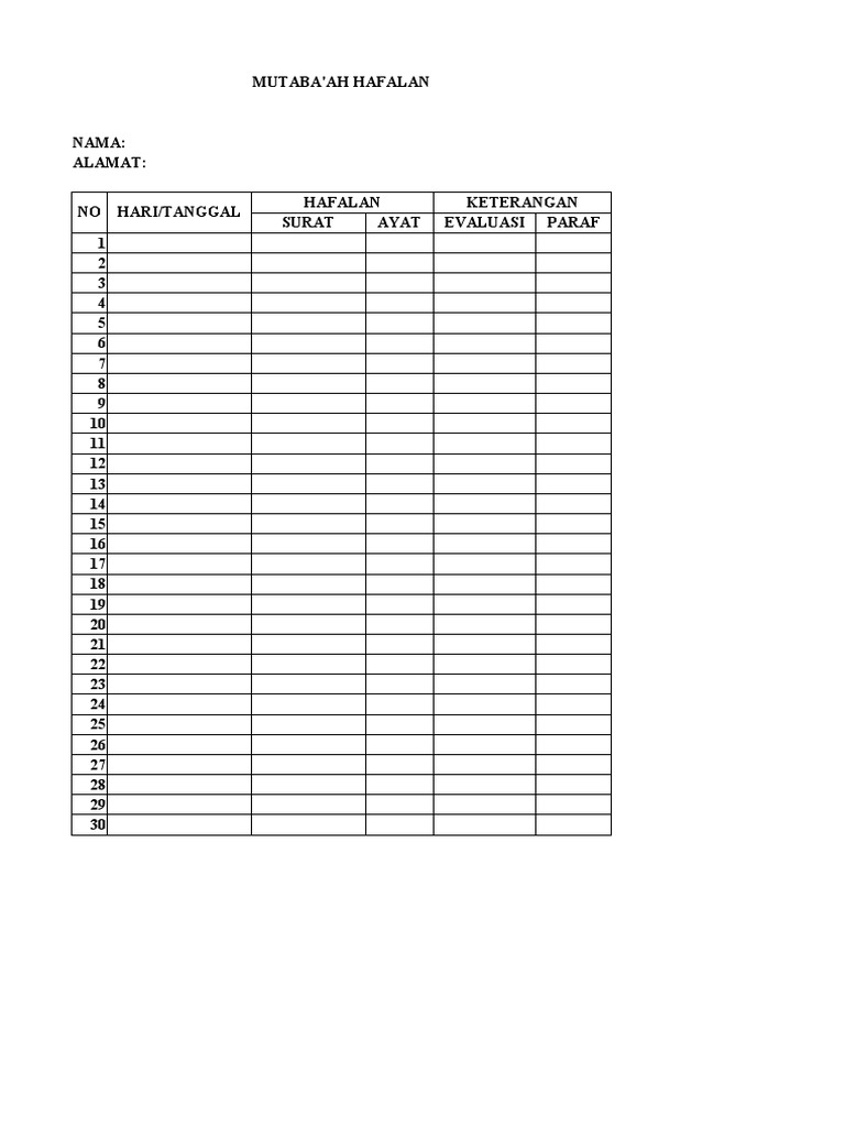 Buku Mutaba'ah Hafalan Santri | PDF