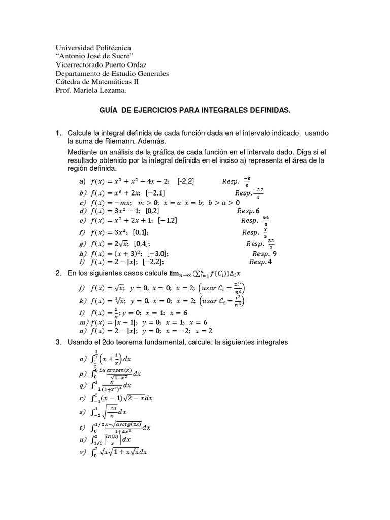 Guía de Ejercicios de Integrales Definidas | PDF | Integral | Intervalo ...