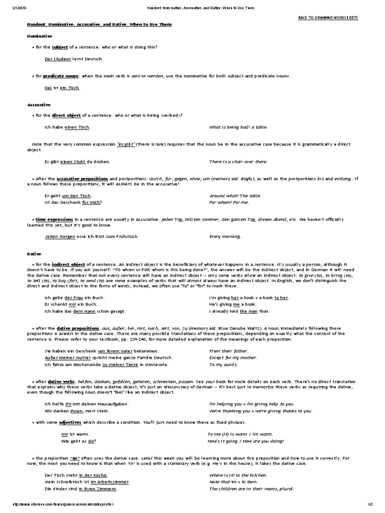 German Case Usage: Nominative, Accusative, Dative | PDF | Grammar | Syntax