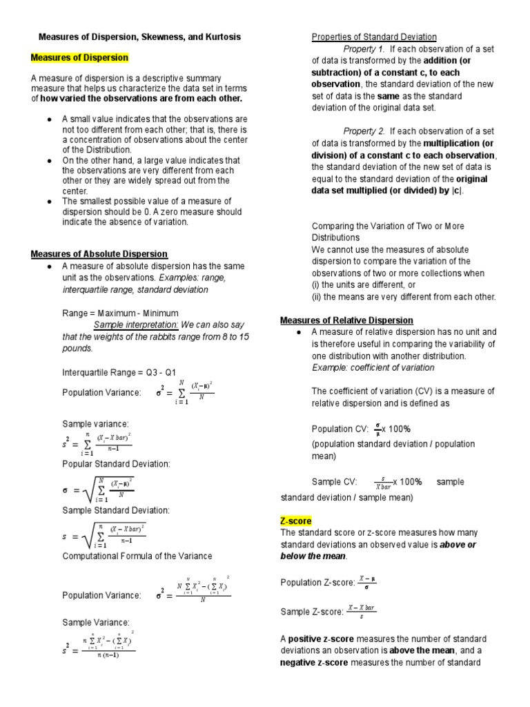 Stat 101 - Measures of Dispersion, Skewness, and Kurtosis | PDF ...