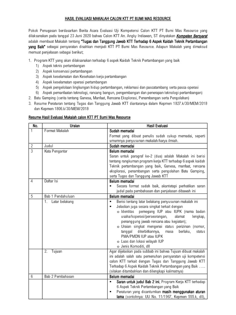 Hasil Evaluasi Makalah Calon KTT PT Bumi Mas Resource 2020 | PDF