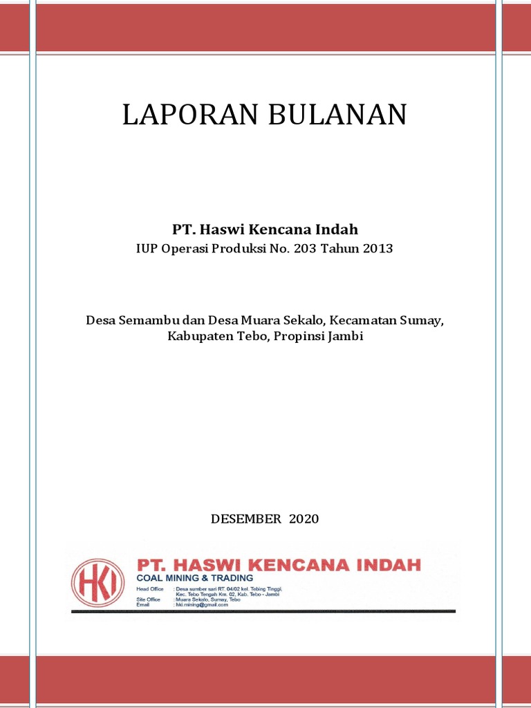 Cover Laporan Bulanan Periode Desember 2020 Pt. Hki | PDF | Bisnis
