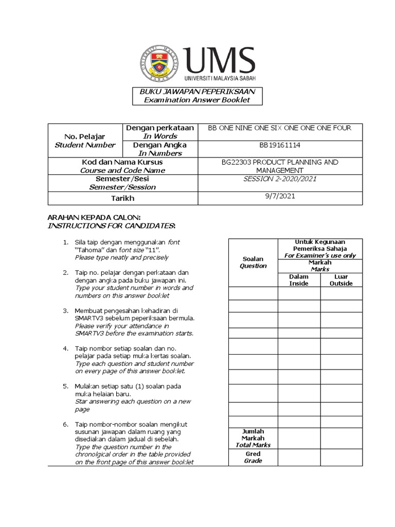 Buku Jawapan Peperiksaan (Examination Answer Booklet) (Sem 2 Sesi 2020 ...