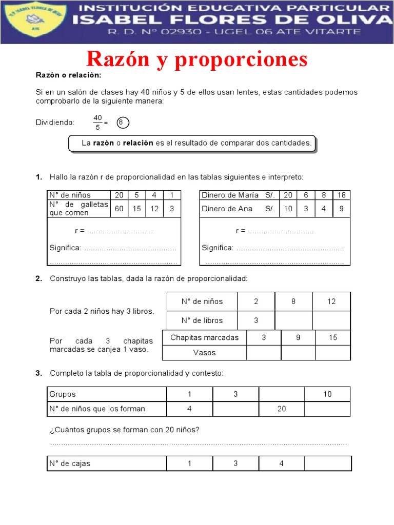 Razones y Proporciones para Cuarto de Primaria | PDF