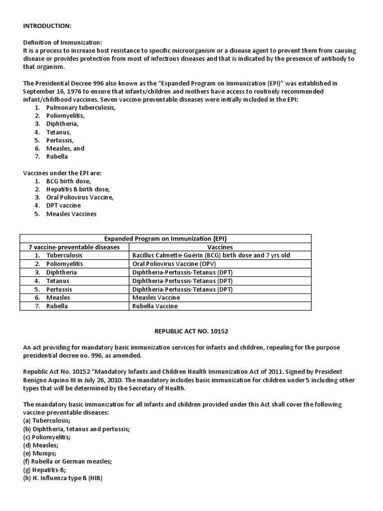 Expanded Program On Immunization (EPI) 7 Vaccine-Preventable Diseases ...