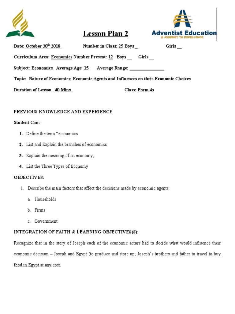 Lesson Plan Basic Economic Decision of Agents | PDF | Economics ...