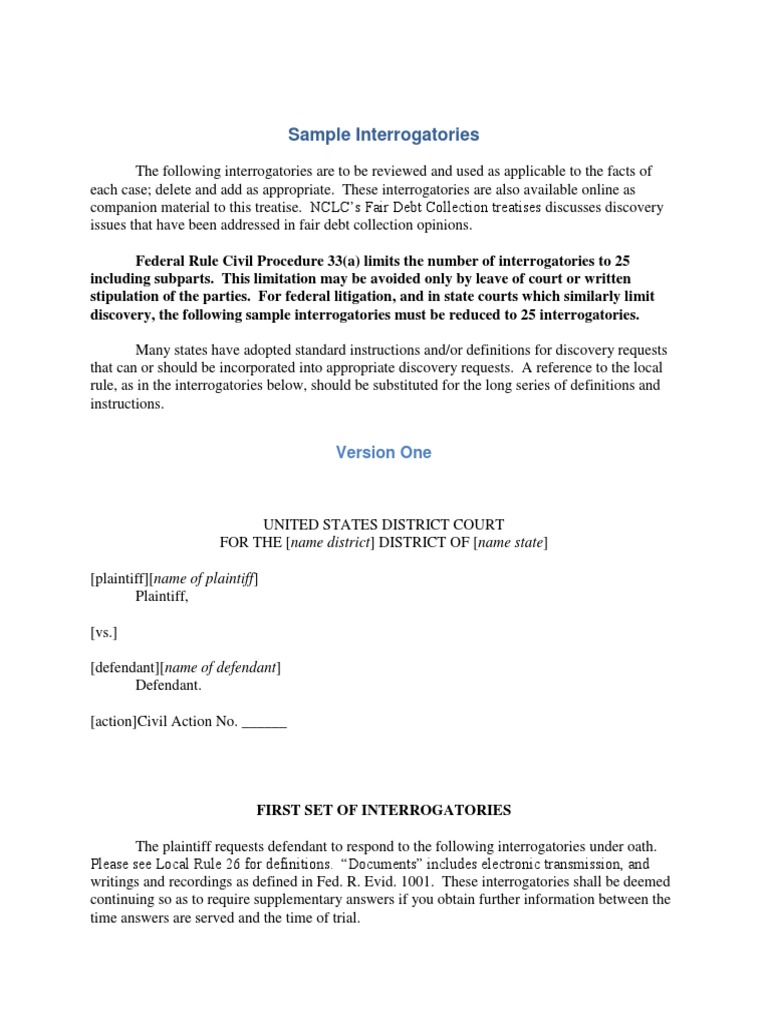 Sample Interrogatories for Fair Debt Collection Litigation: Questions ...