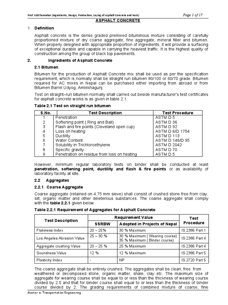 Asphalt Concrete Ingredient, Design, Production and Laying | PDF ...