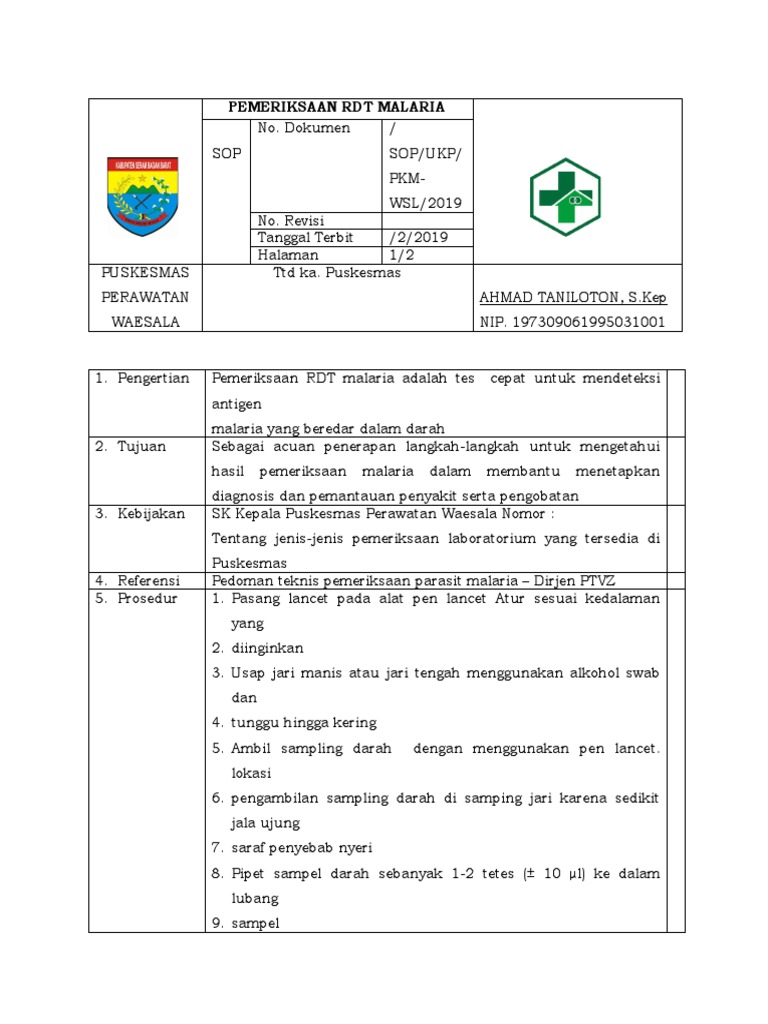 8.1.1.1 Sop Pemeriksaan RDT Malaria | PDF