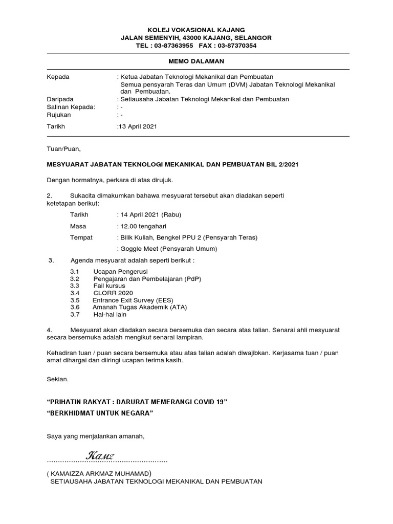Memo Mesyuarat Jabatan Teknologi Mekanikal Dan Pembuatan Bil.2 2021 | PDF