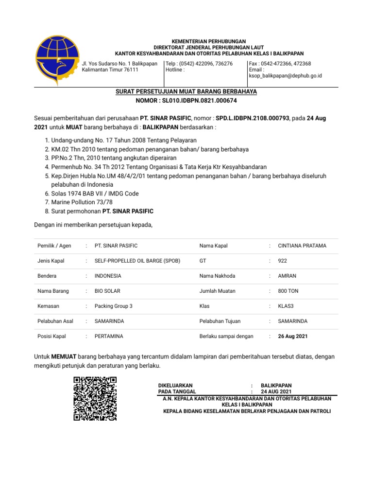 Surat Persetujuan Muat Barang Berbahaya NOMOR: SL010.IDBPN.0821.000674 ...