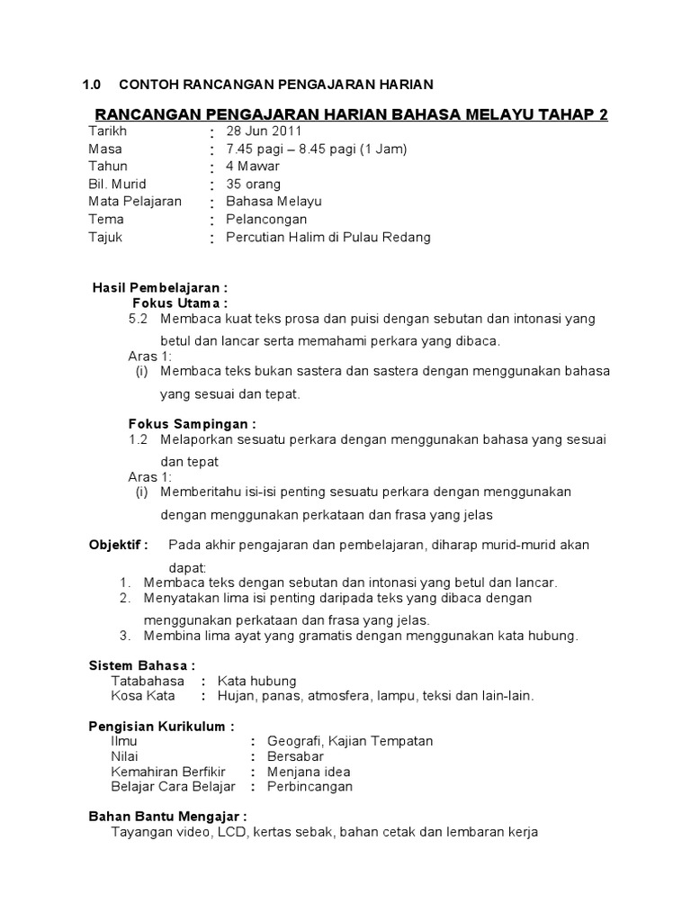 Contoh Rancangan Pengajaran Harian | PDF