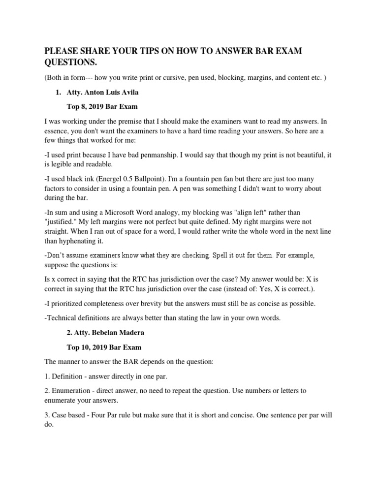 Please Share Your Tips On How To Answer Bar Exam Questions | PDF ...
