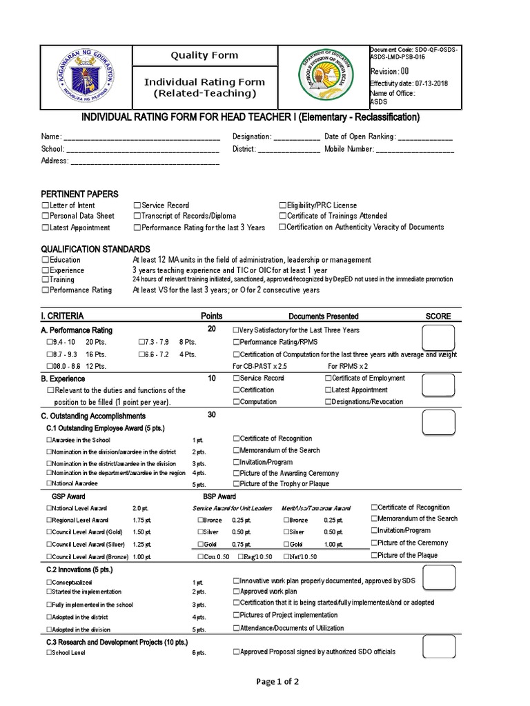 INDIVIDUAL RATING FORM FOR HEAD TEACHER I (Elementary ...