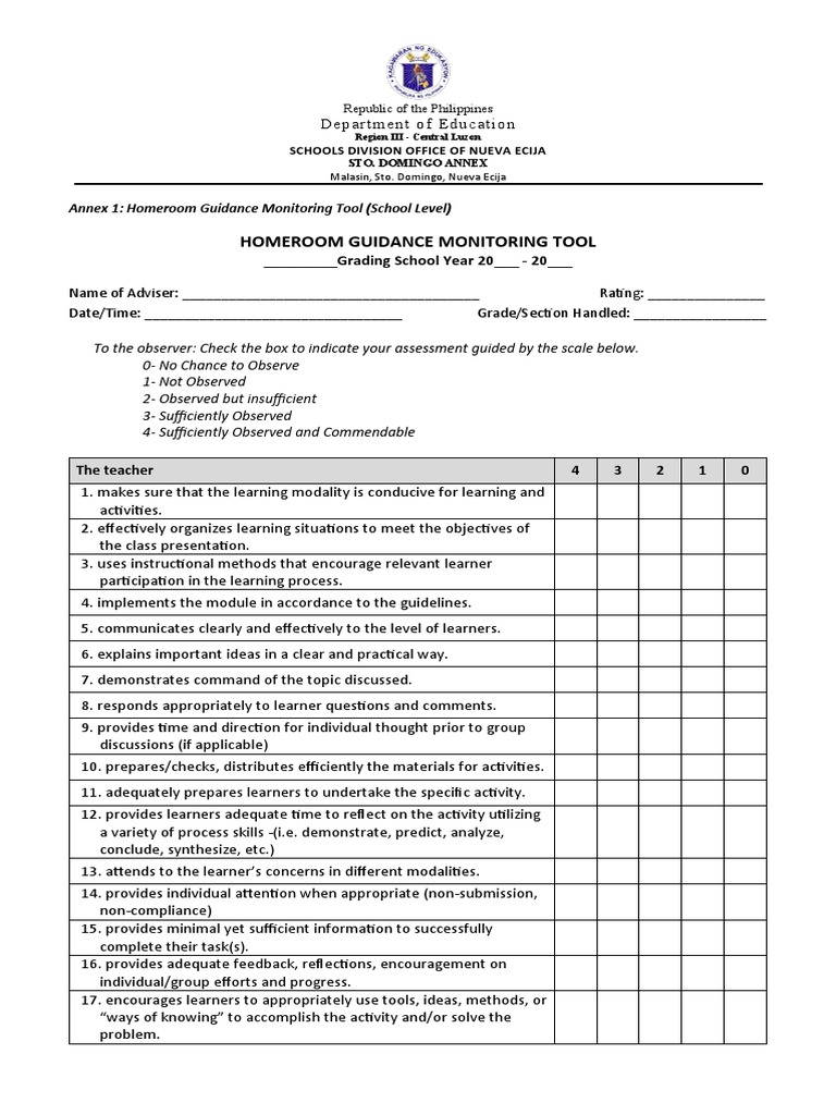 Homeroom Guidance Monitoring Tool: - Grading School Year 20 - 20 | PDF ...
