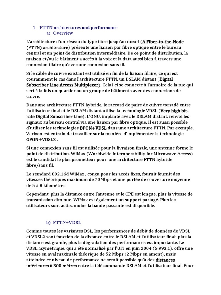 FTTN Architectures and Performance | PDF | Fibre optique | WiMAX