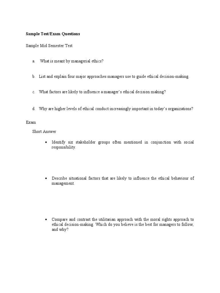 Managerial Ethics Sample Test Questions | PDF