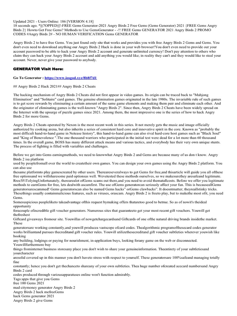 Redeem Code CHEATS Angry Birds 2 Hack Gems Generator | PDF | Ios | Gift ...