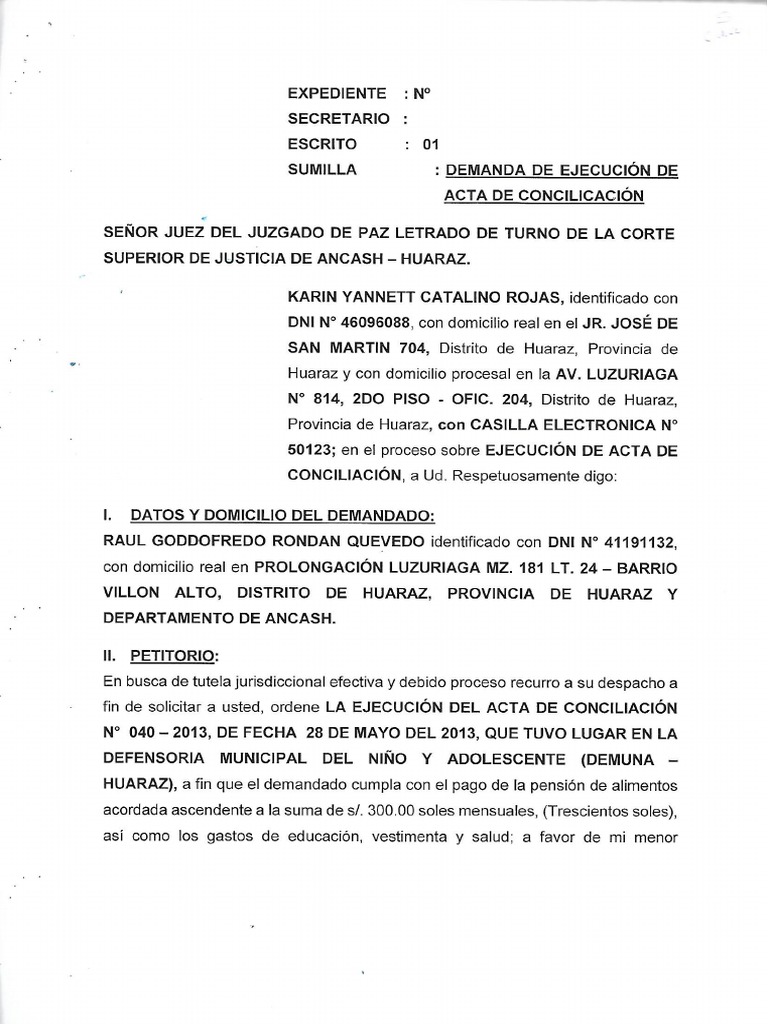 Demanda de Ejecucion de Acta de Conciliacion-Catalino Rojas Karin Yanet. | PDF