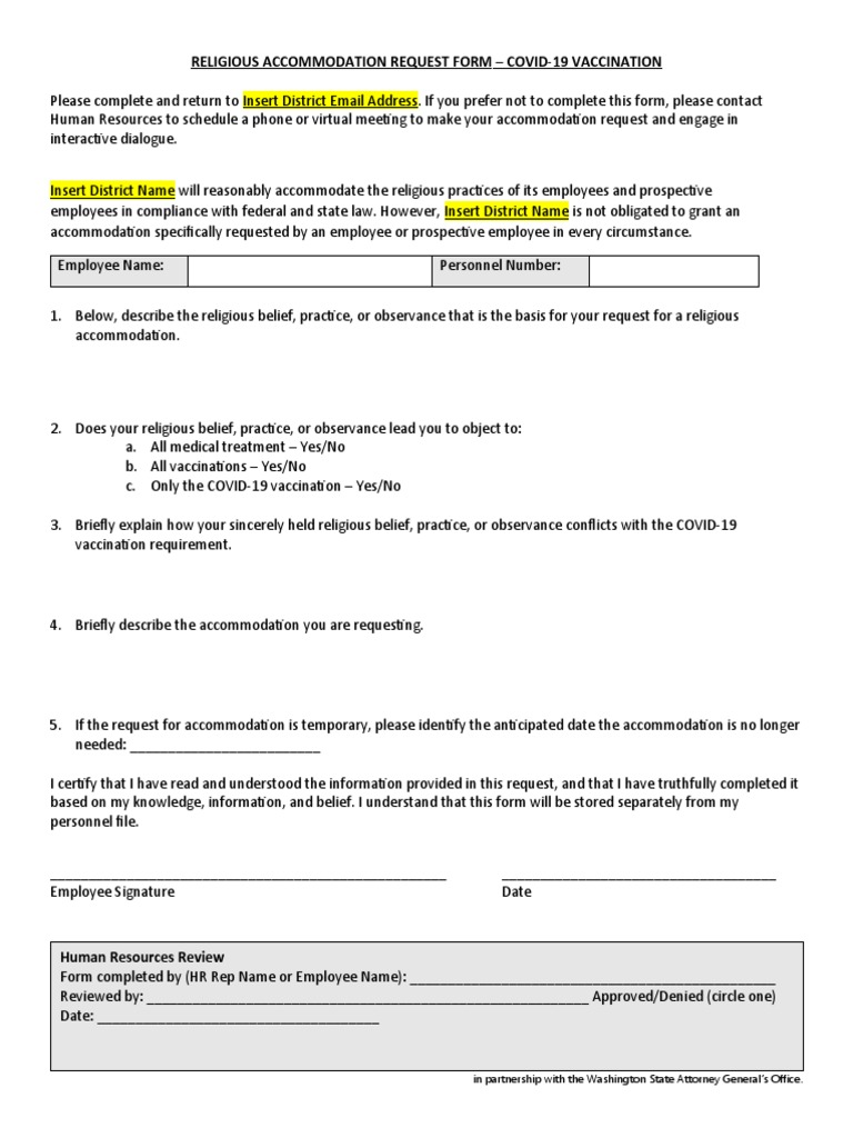 School District Template Religious Accommodation Request Form COVID ...