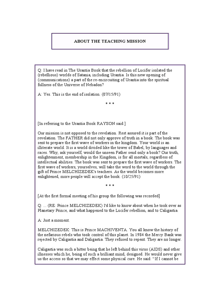 The Advent of The Teaching Mission and The Termination of Caligastia ...