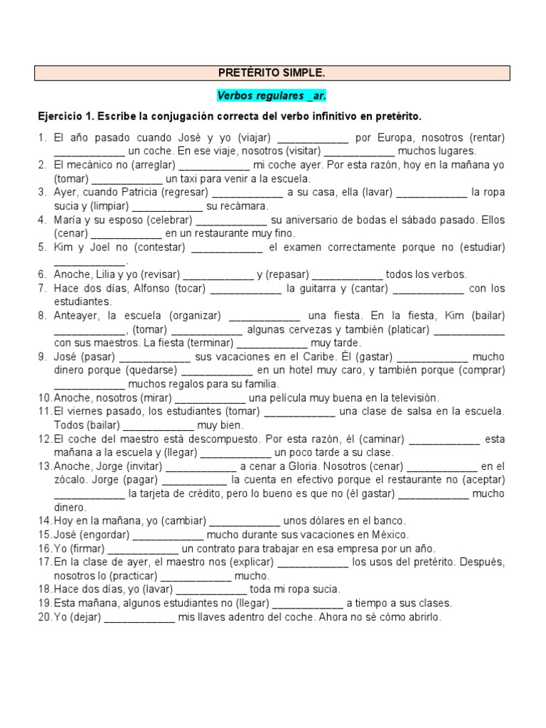 Pretérito Simple. Regulares - Ar - Er - Ir. | Descargar gratis PDF | Verbo