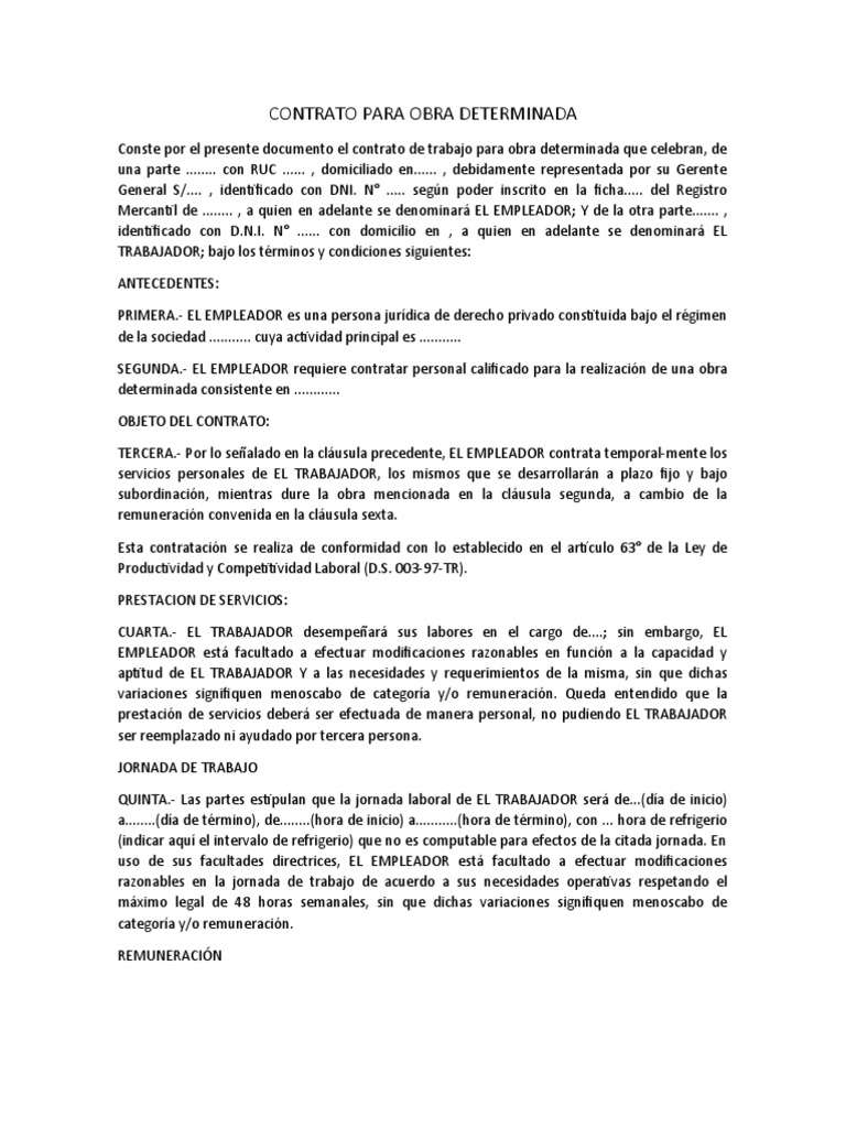 Contrato para Obra Determinada | PDF | Derecho laboral | Salario