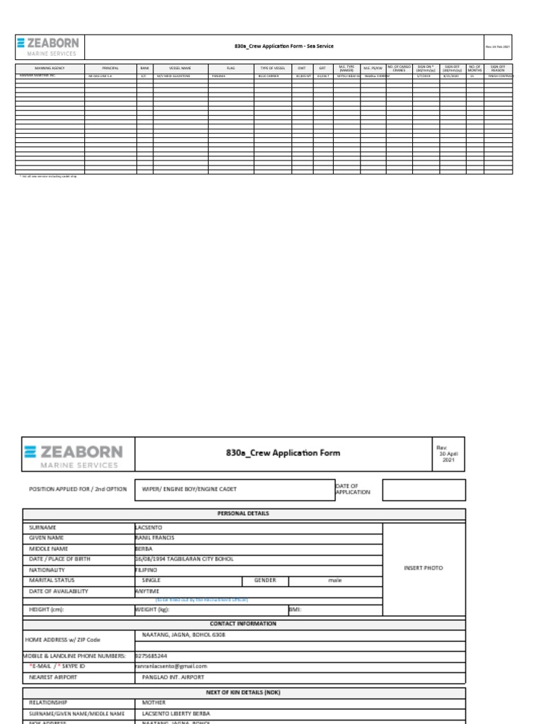 830a - Crew Application Form - Sea Service: Rev 24 Feb 2021 | PDF ...