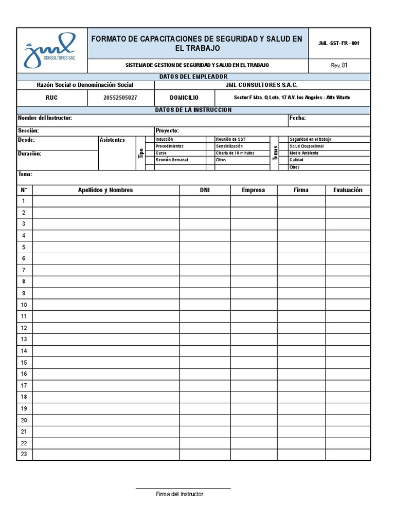 Formato De Capacitaciones De Sst Jml Fg 001 Pdf