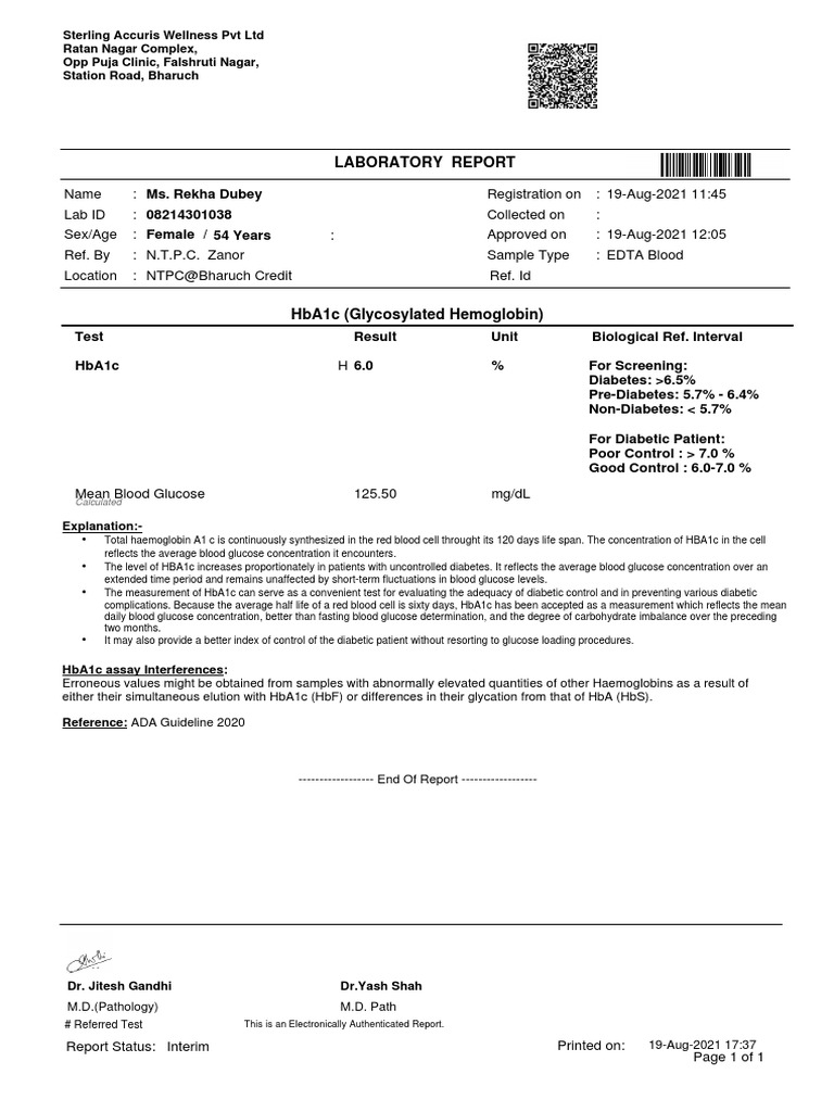 Laboratory Report: Ms. Rekha Dubey | PDF | Glycated Hemoglobin | Tissue ...