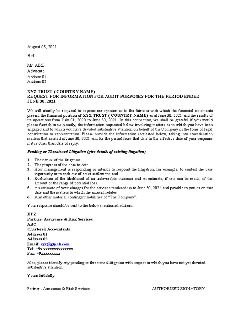 Request for Legal Information Regarding Pending or Threatened ...