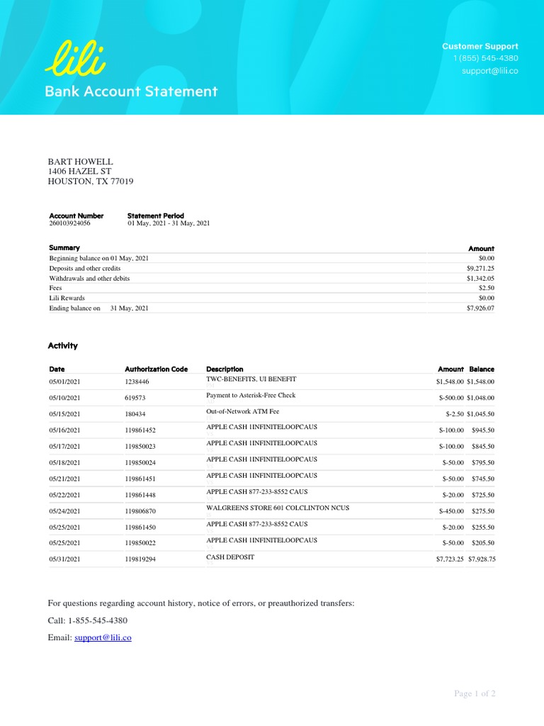 An Analysis of Bart Howell's Lili Bank Account Statement for May 2021 ...