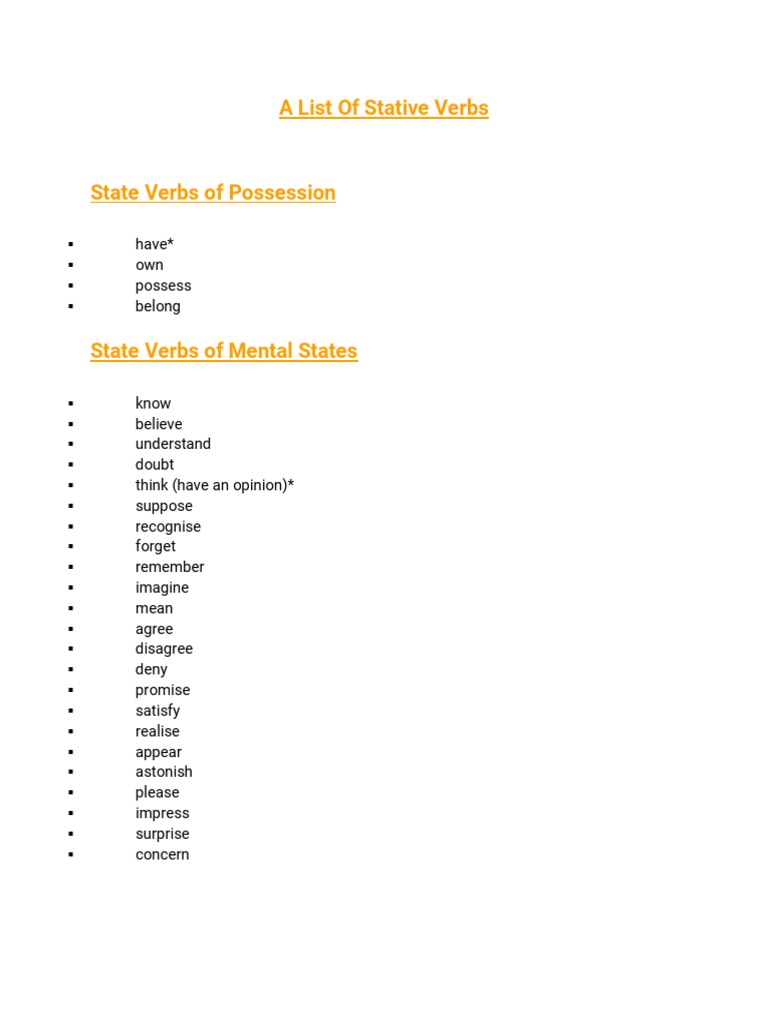 A List of Stative Verbs State Verbs of Possession | PDF