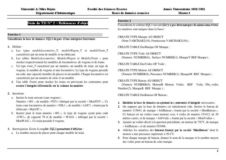 Exercice SQL3 : Modèles et Intégrité des Données | PDF | Train | Bateaux