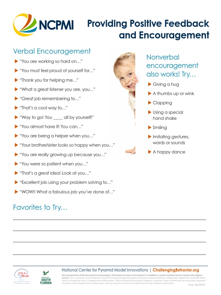 Positive Feedback Encouragement Tipsheet | PDF | Communication | Human ...