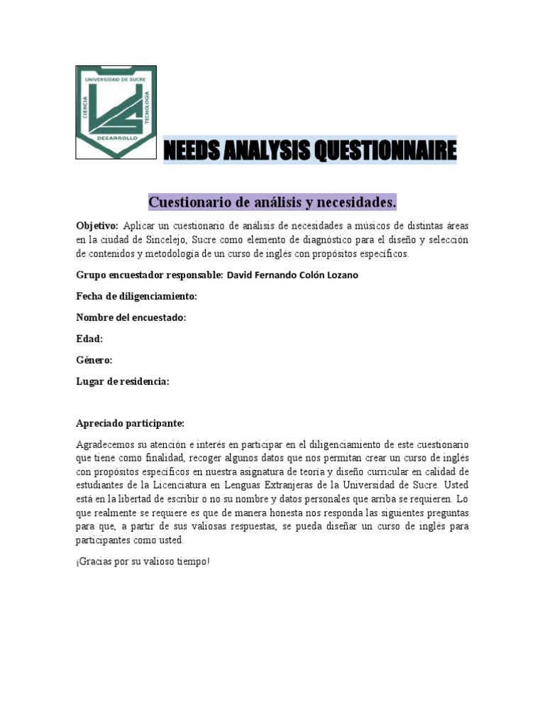 Needs Analysis Questionnaire David | PDF | Cuestionario | Aprendizaje