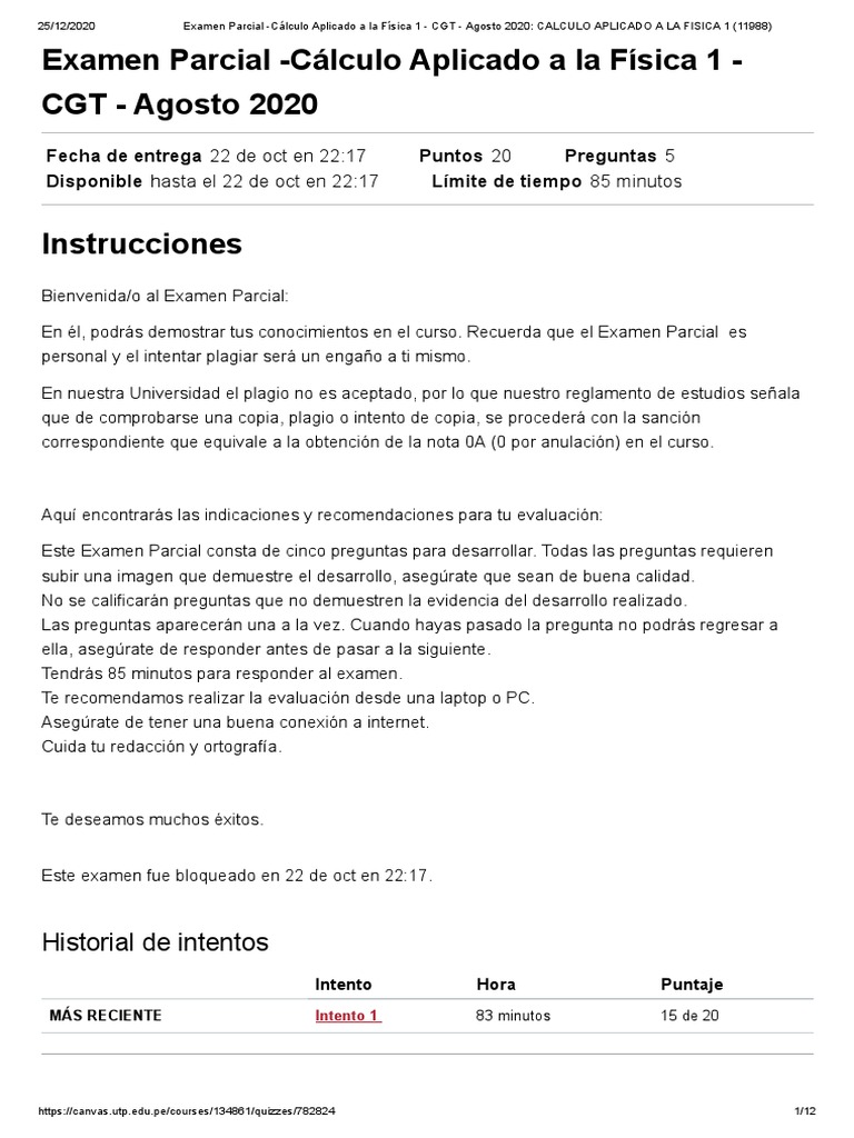 Examen Parcial C Lculo Aplicado A La F Sica 1 CGT Agosto 2020 CALCULO APLICADO A LA FISICA 1 ...