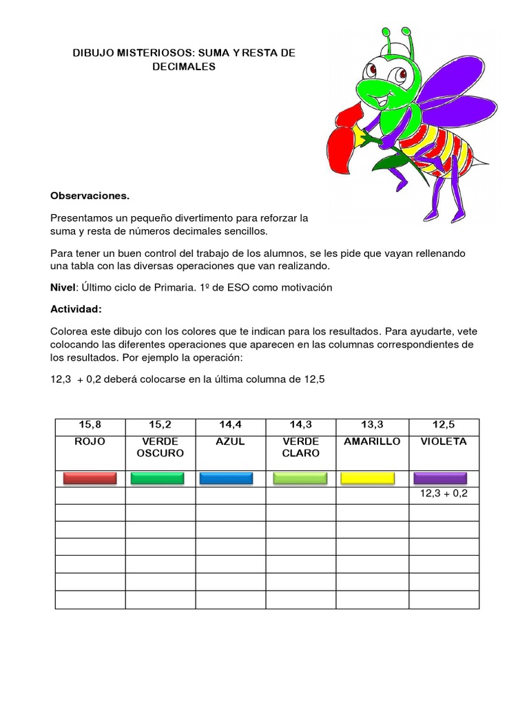 Dibujo Misteriosos: Suma Y Resta de Decimales | PDF