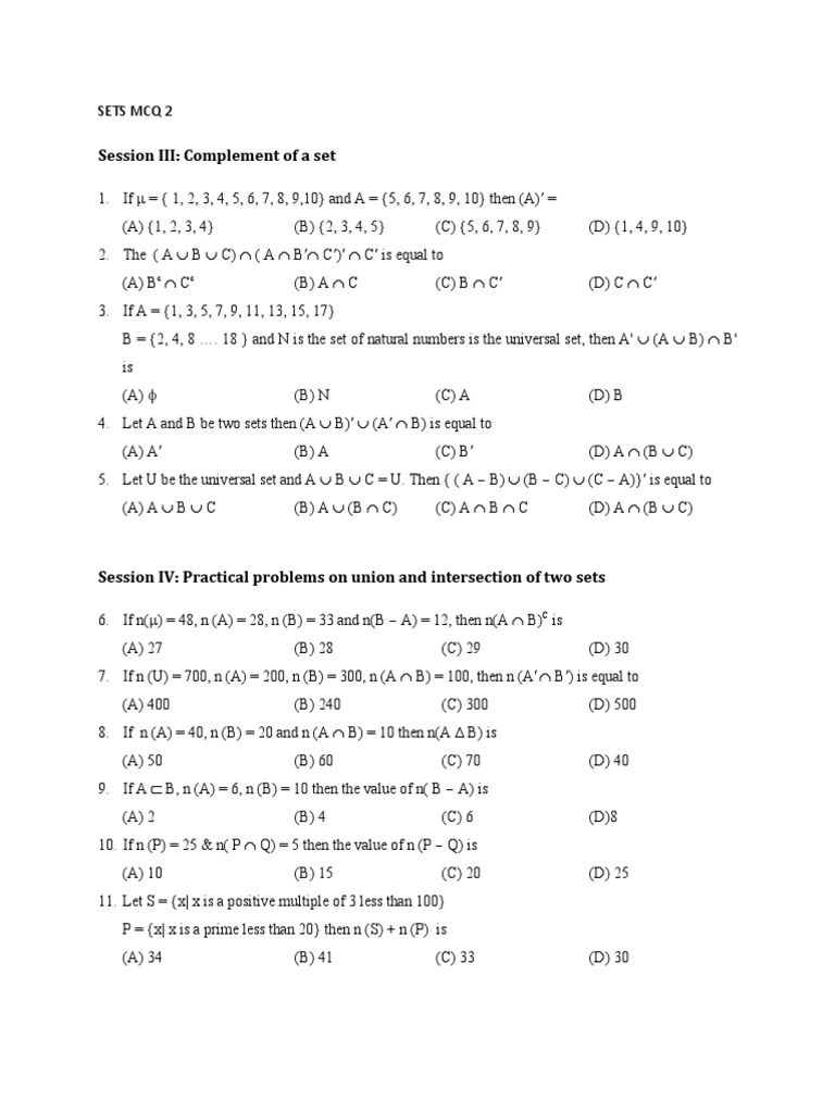 Sets MCQ 2 | PDF | Mathematical Logic | Algebra