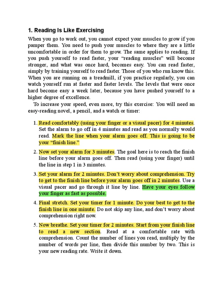 Speed Reading Exercise Guide | PDF | Self-Improvement | Language Arts ...