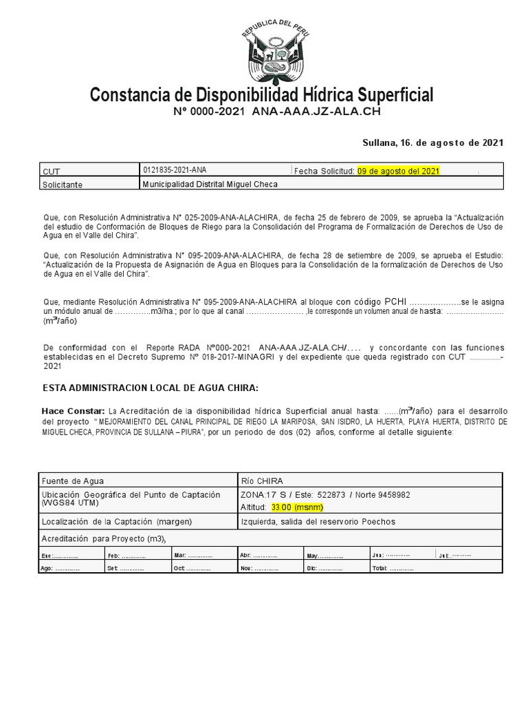 Constancia de Disponibilidad Hídrica Superficial para el Mejoramiento de Canales de Riego en el ...