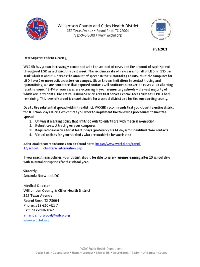 WCCHD Message To Leander ISD | PDF