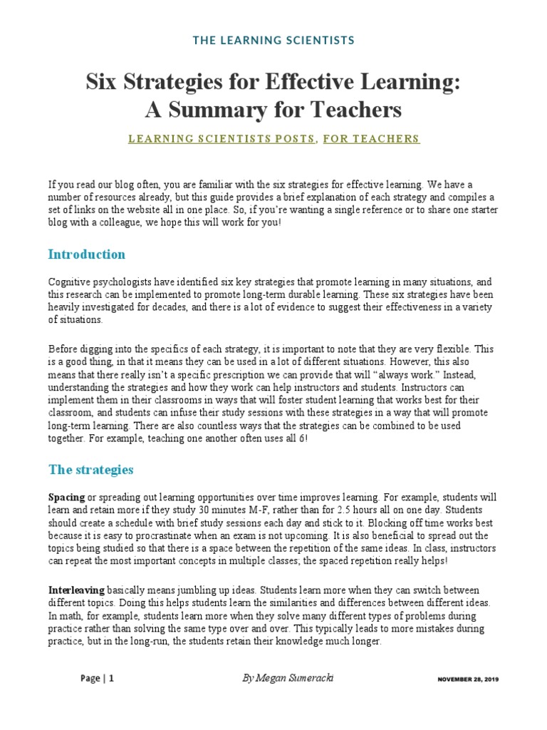 Six Strategies For Effective Learning ARTICLE With - REFERENCES | PDF ...