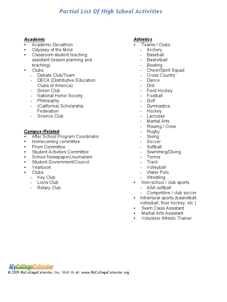 Partial List of High School Activities: Academic Athletics | PDF ...