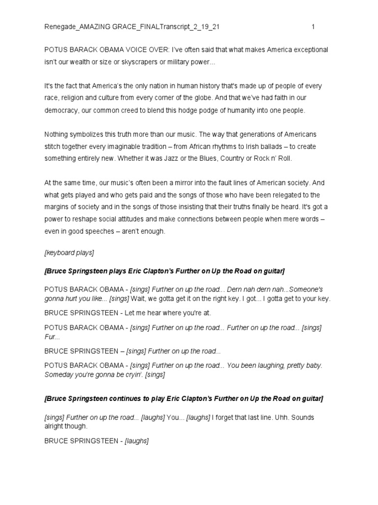 Renegades Ep3 Amazing-Grace Final-Transcript | PDF | Bruce Springsteen